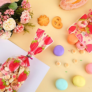 50 PCS Strawberry Cello Bags, Strawberry Cello Treat Bags Plastic Clear Goodie Candy Gift Treat Bags, Strawberry Goodie Bags with 50 Pieces Twist Tie for Strawberry Birthday Party Decoration