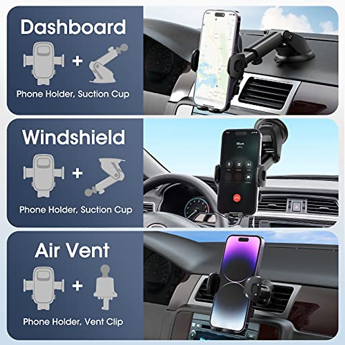 OBAZHA Car Cell Phone Holder Mount - 3in1 Car Cell Phone Holder for Dashboard, Air Vent, Windshield Compatible with iPhone, Samsung Galaxy and 4.7 to 6.9 inches Other Smart Phones