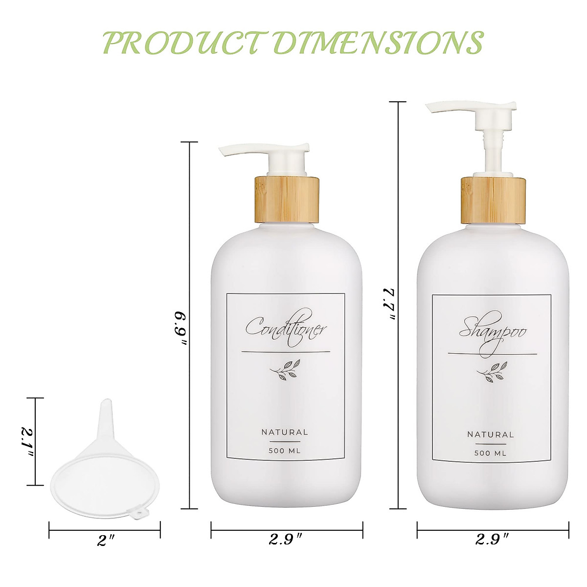 YS STORE Shampoo and Conditioner Dispenser - Refillable Bath Set of 3 16oz Bamboo Pump with Funnel White Containers for Body Wash, Waterproof label, clean and modern.