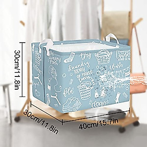 Clastyle Rectangular Blue Laundry Theme Storage Bins Waterproof Simple Fun Words Hanger Iron Laundry Basket Detergent Bubble Storage Basket for Toys Clothes Bedroom, 15.7x11.8x11.8 in