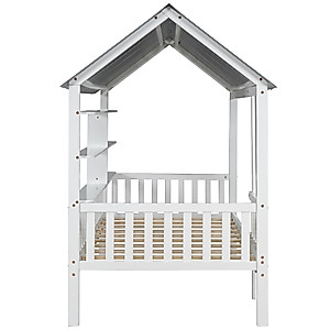 Harper & Bright Designs House Bed Twin Size with Fence Guardrails, Montessori Bed Frame with Storage Shelves, Wood Playhouse Beds for Kids Girls Boys, White