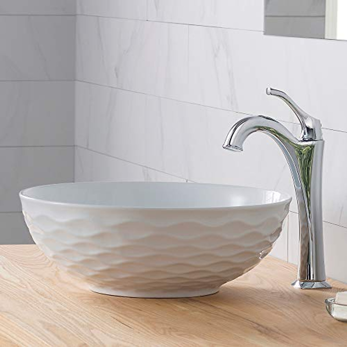 KRAUS Viva™ Round White Porcelain Ceramic Vessel Bathroom Sink with Pop-Up Drain, 16 1/2 in. D x 5 1/2 in. H, KCV-200GWH