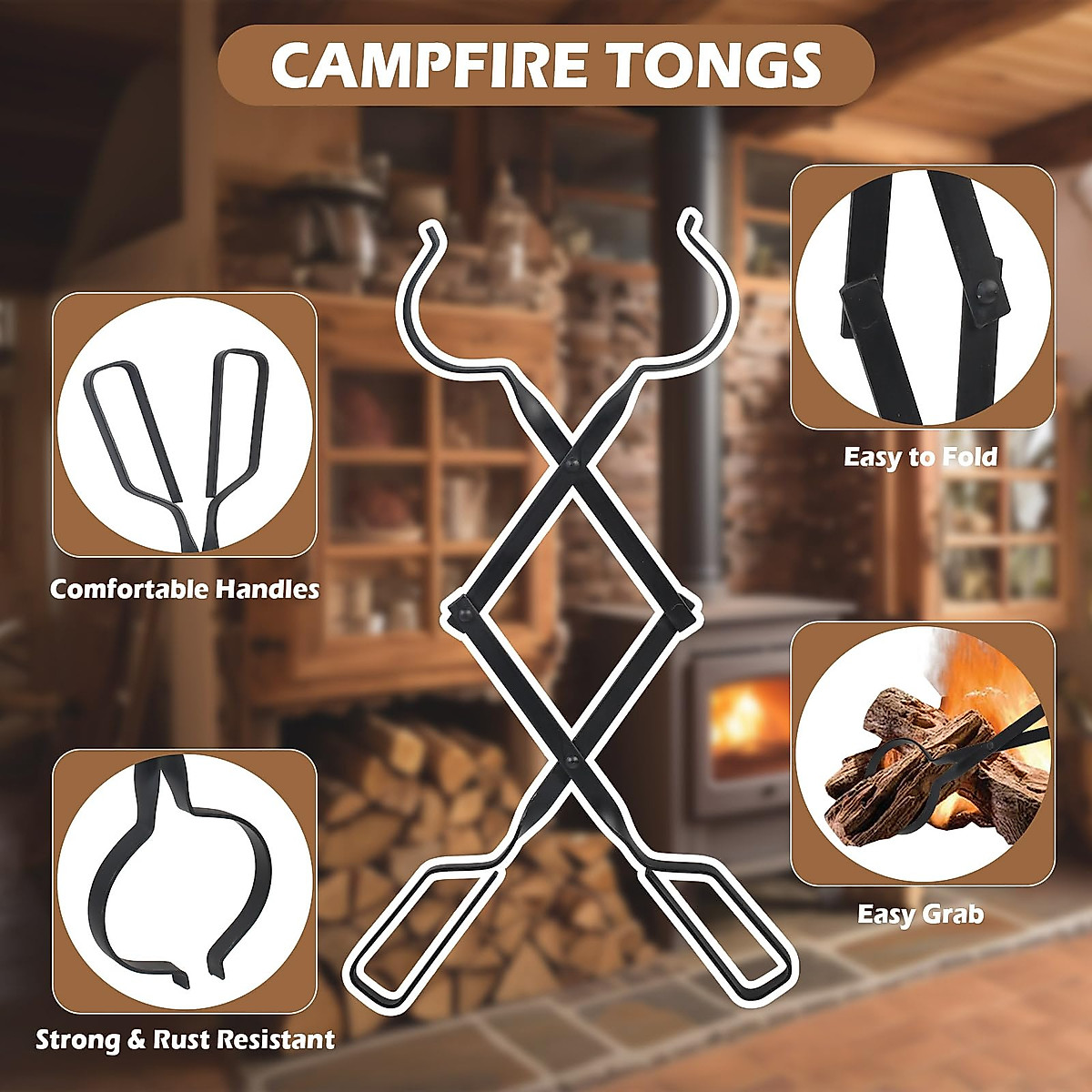 DTNESS 40" Fireplace Poker and 25" Fire Tongs, Heavy Duty Log Firewood Grabber Set, Long Fire Pit Campfire Poker Stick Tools, Wood Burnner Accessories for Indoor & Outdoor Wood Stove/Camping/Bonfires