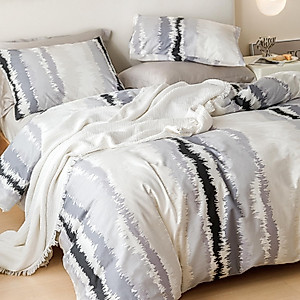 YuHeGuoJi Abstract Striped Duvet Cover Queen 100% Cotton Black and White Geometric Duvet Cover 3 Pcs Set 1 Wave Patterned Duvet Cover with Zipper Ties 2 Pillowcases Gradient Stripe Bedding Set