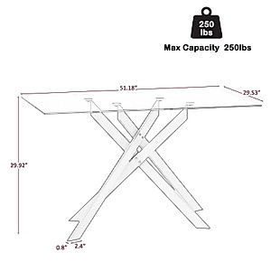 Glass Dining Table for 4 or 6, Rectangle Kitchen Table with X Shape Metal Legs, Tempered Glass Top Dining Room Table for 4, Dining Table for Dining Room Home Kitchen Glass Dintte Table