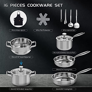 Meythway 𝐔𝐏𝐆𝐑𝐀𝐃𝐄 Pots and Pans Set Non Toxic, 16PCs Stainless Steel Cookware Set with Steamer, Kitchen Induction Cookware with Utensil Sets, Pot Protectors and Apron For Oven & Dishwasher Safe