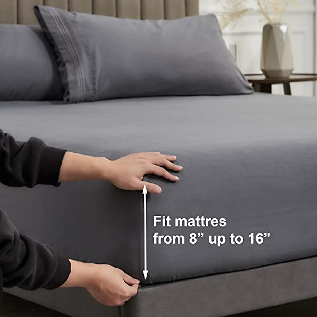 WODFAMY Microfiber Full Size Bed Sheet Set Extra Soft Deep Pockets Luxury Hotel Bed Sheets Breathable & Cooling Wrinkle Free 4 Piece Set Fulls Sheets Dark Grey&Gold