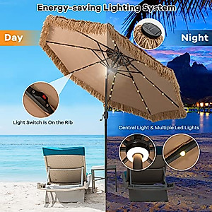 Tangkula 10 ft Thatched Patio Umbrella, 2 Tier Hawaiian Style Grass Beach Umbrella with 32 Led Lights, Center Light, Solar Tiki Umbrella with 8 Ribs, Tilt Adjustment, Manual Crank for Backyard, Poolside, Deck