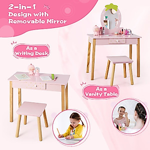 HONEY JOY Kids Vanity, Strawberry Themed Princess Makeup Vanity Set for Little Girls, Real Oval Mirror, Toddler Bedroom Dressing Table & Stool Set, Wooden Girls Vanity Set with Mirror and Stool, Pink