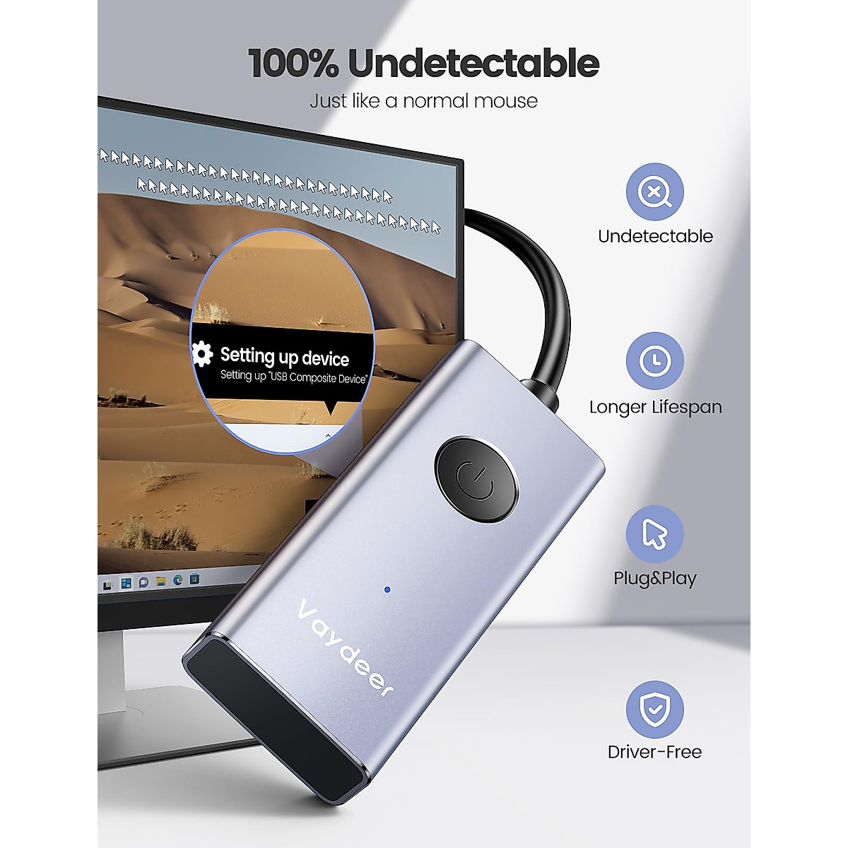 Vaydeer Undetectable Mouse Jiggler Mouse Mover USB Port for Computer,Driver-Free with ON/Off Switch,Simulate Mouse Movement to Prevent The Computer from Entering Sleep Mode,Plug-and-Play