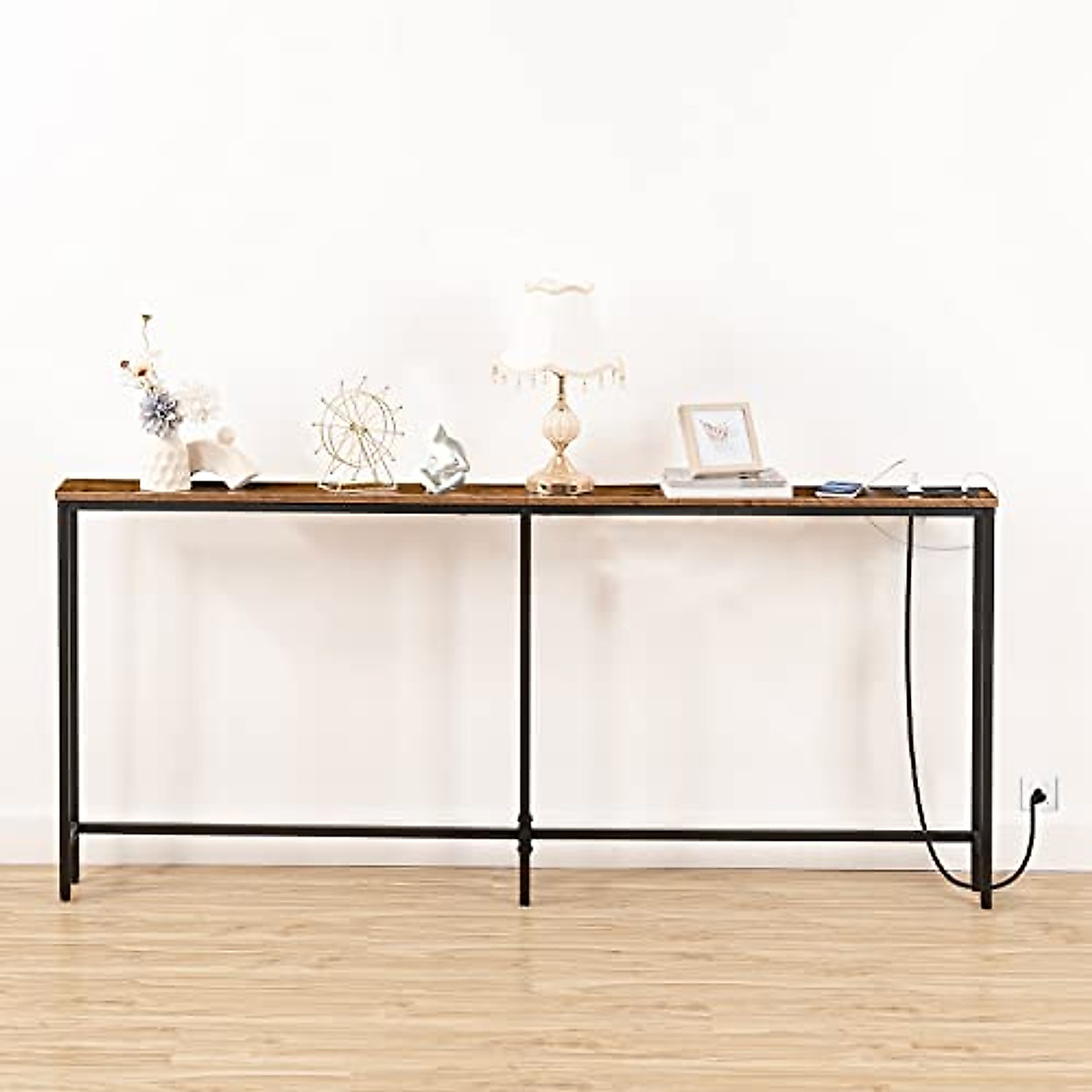 HOOBRO 5.9" Skinny Console Table with Charging Station, 70.9" Narrow Sofa Table with Power Outlets, Long Behind Couch Table, Slim Entryway Table for Hallway, Living Room, Rustic Brown BF185UXG01