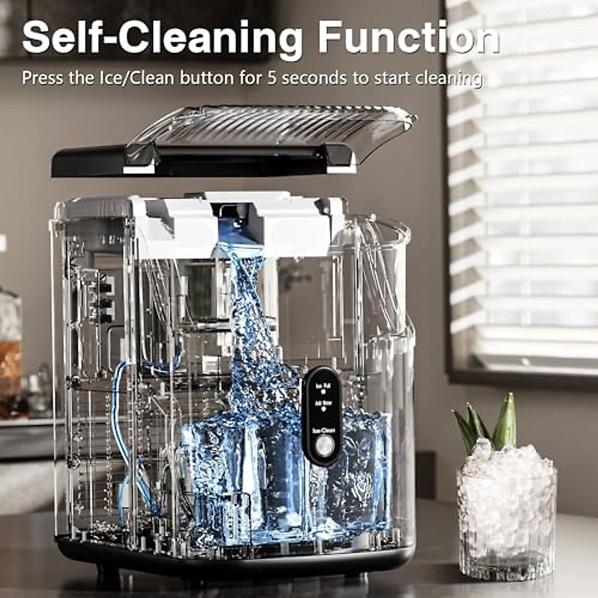 Nugget Ice Makers Countertop, Pebble Ice Machine with Chewable Pellet Ice, 34Lbs/24H, Self-Cleaning, Sonic Ice, One-Click Operation, for Kitchen,Office Stainless Steel Silver