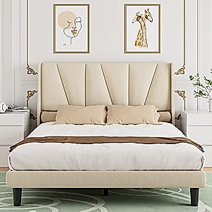 HOMBCK Full Size Bed Frame with Geometric Wingback Headboard, Modern Fabric Upholstered Platform Bed Frame Full with Strong Wood Slat Support, No Box Spring Needed, Easy Assembly, Beige