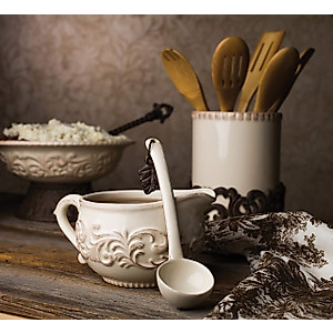Detailed Embossed Cream Ceramic 9.5-Inch Dia. Bowl With Beautiful Acanthus Leaf Scrolled Metal Base