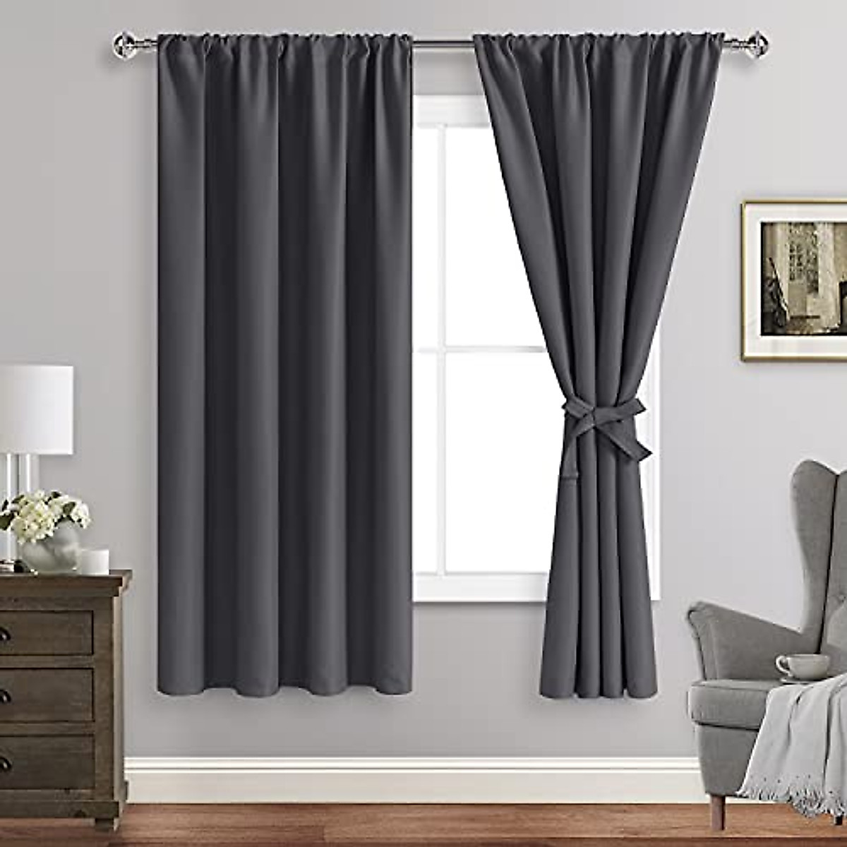 JIUZHEN Blackout Curtains for Bedroom - Thermal Insulated Room Darkening Rod Pocket Curtains for Living Room, Set of 2 Panels with Tiebacks, 42 x 63 Inch Length, Dark Grey