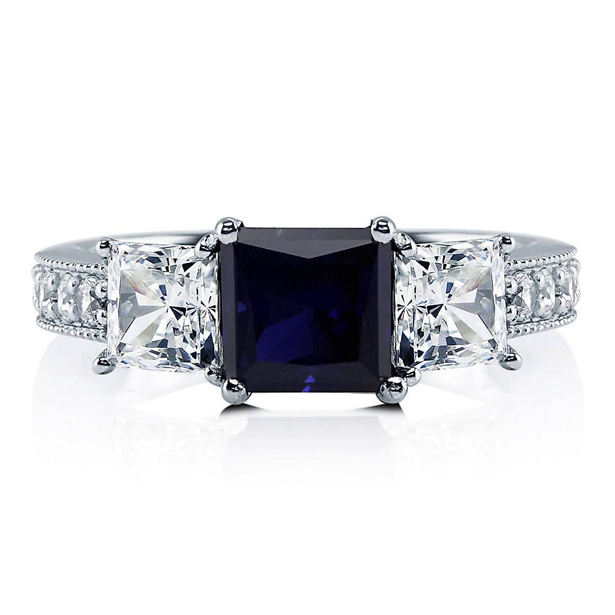 BERRICLE Sterling Silver 3-Stone Wedding Engagement Rings Simulated Blue Sapphire Princess Cut Cubic Zirconia CZ Anniversary Promise Ring for Women, Rhodium Plated Size 7