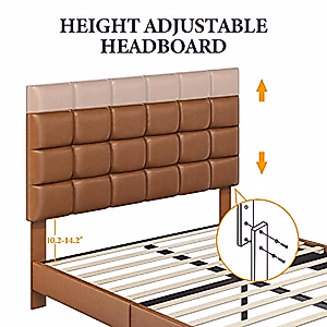 Yaheetech Upholstered Platform Bed Frame with Faux Leather Headboard Height Adjustable, Mattress Foundation Wooden Slats Support No Box Spring Needed, Amber Brown-Full