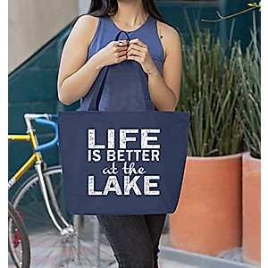 shop4ever® Life is Better at the Lake Heavy Canvas Tote with Zipper Sayings Reusable Shopping Bag 12 oz Navy -Pack of 1- Zip