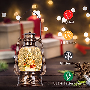 Christmas Snow Globes with Two Cute Snowman, Kikth Snowglobes Christmas Lantern Glitter Lighted for Christmas Decorations and Gift, Bronze