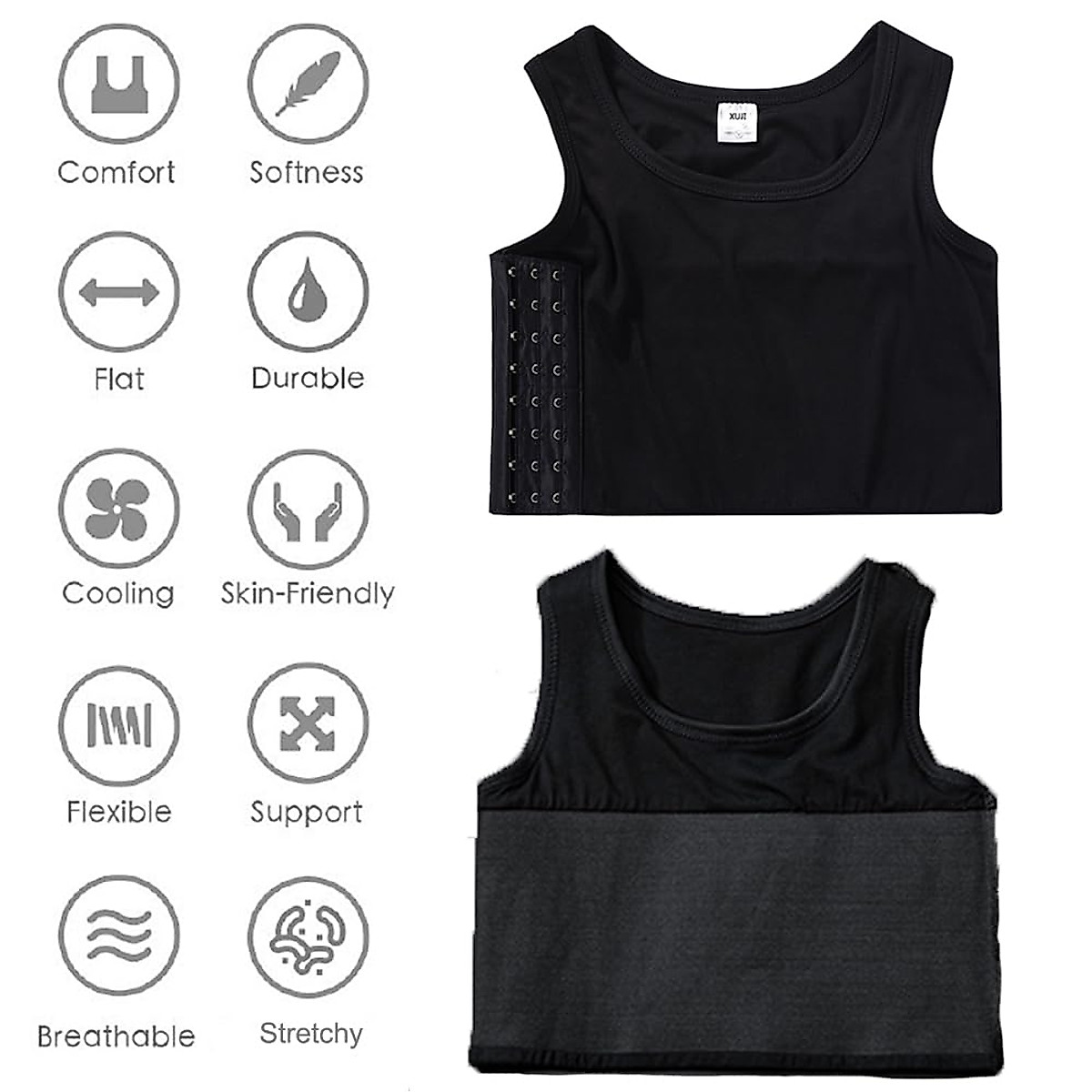 XUJI Women Tomboy FTM Transgender Trans Elastic Band Colors Chest Binder Tank Top (Black, S)