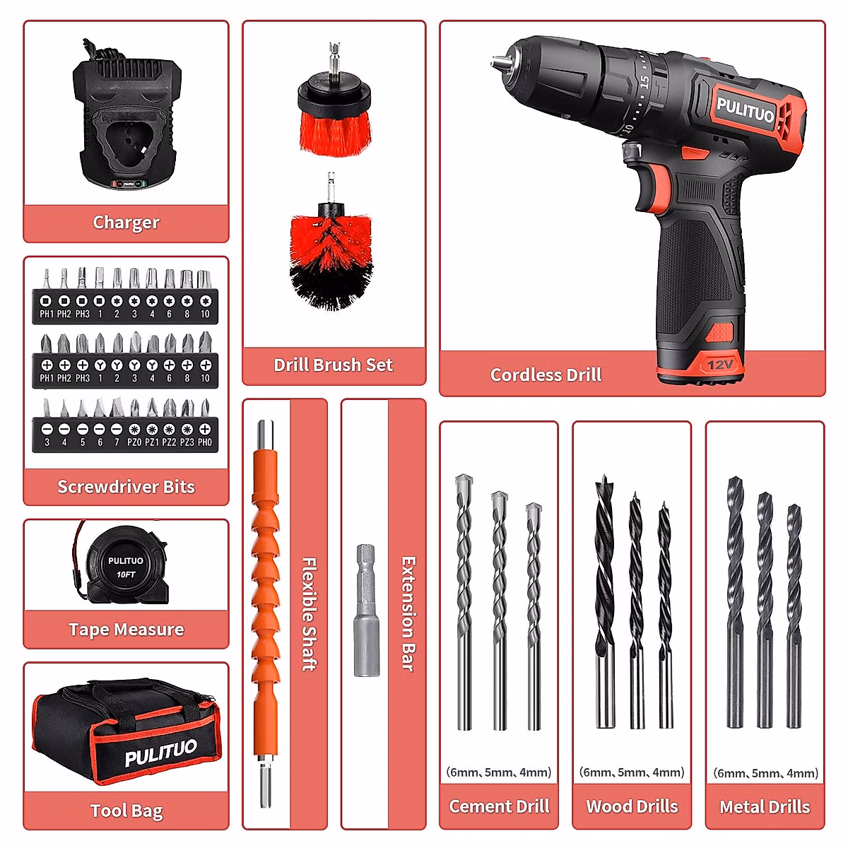 PULITUO Cordless Drill Driver Set, 12V Electric Power Hand Drill Torque 310In.lbs with 21+1& Impact Level Setting, 3/8” Keyless Chuck, 2 Variable Speed Setting, 46 PCS Drill Bits Kit, Storage Bag