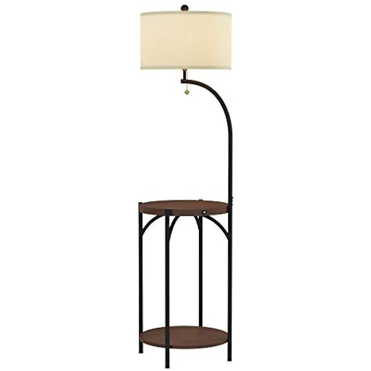 MDYBF Floor Lamp with Table, Modern Rustic Side Table with USB Charging Port, LED Bulb and Drum Shade. (Dark Brown, Black and Off-White)