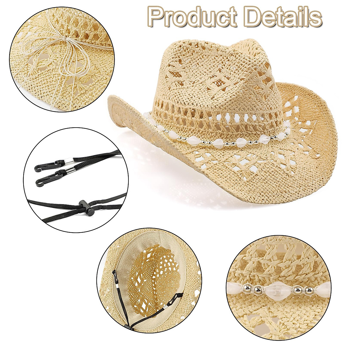 WQWOVRVO Cowboy Hat,Cowgirl Hat,Cowboy Hats for Women/Mens/Straw Wide with Shapeable Brim Cowboy Hats for Womens/White/Black/Beige (Beige+White)