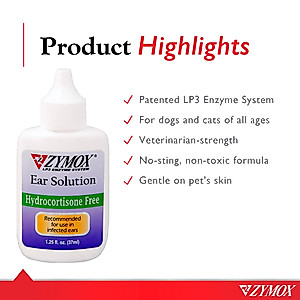Zymox Otic Enzymatic Ear Solution for Dogs and Cats to Soothe Ear Infections Without Hydrocortisone, 1.25oz