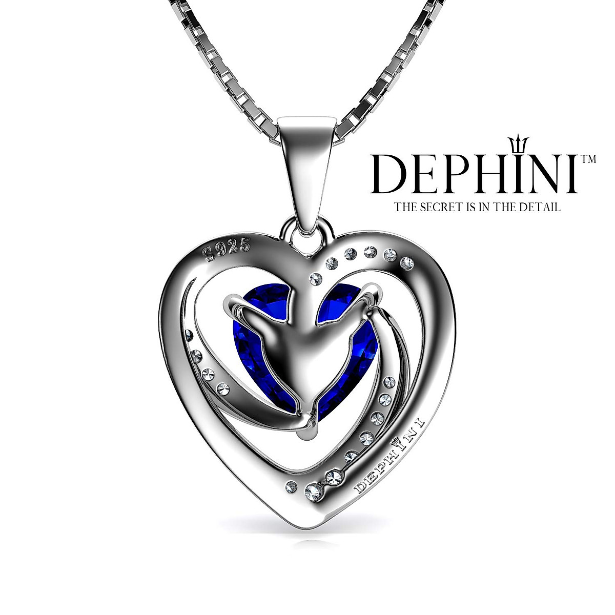 DEPHINI - Blue Heart Necklace - 925 Silver Heart Pendant with White CZ & Blue Birthstone Embellished with Branded Crystal for Women, 18" Sterling Silver Chain + Jewellery Box, Gifts for Women