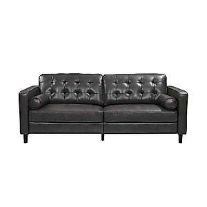 ATY 3-Seater Leather Sofa with Two Bolster Pillows and Tufted Backrest, Mid-Century Modern Couch, Luxury Style for Apartment, Meetingroom, Livingroom, 85inch, Dark Gray