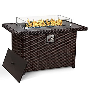 44 in Propane Gas Fire Table Auto-Ignition 50,000BTU， Rectangle Woven Rattan Fire Pit for Outside Patio Garden Deck & Backyard，with Lid and Blue Glass Beads, Glass Wind Guard,CSA Approved（Brown）