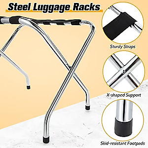 Therwen 8 Pieces Luggage Racks Bulk Folding Luggage Racks for Guest Room Metal Suitcase Stand with Straps Holds up to 110 lbs Silver Steel Luggage Holder for Hotel Bedroom, 25.2 x 16.5 x 20.1 Inch