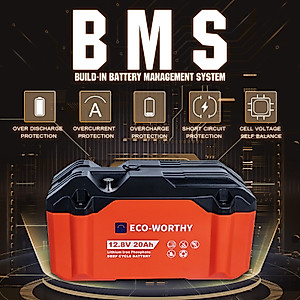 ECO-WORTHY Portable 12V Lithium Battery, 20Ah LiFePO4 Deep Cycle Rechargeable Battery, Built-in BMS, 4000+ Cycles,Perfect for Outdoor Camping Fishing RV Marine Trolling Motor Fishfinder