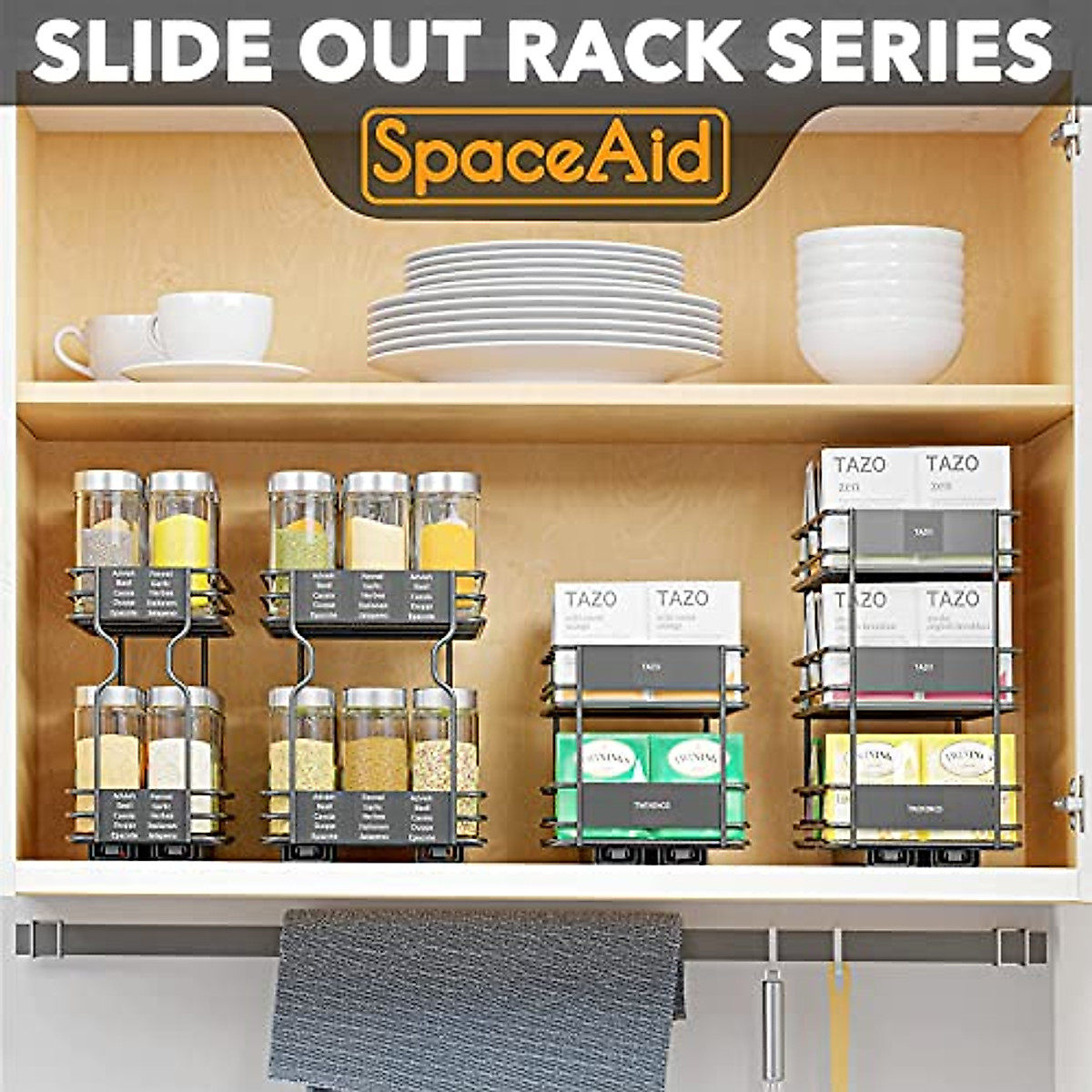 SpaceAid Pull Out Tea Bag Organizer Rack for Cabinet, Heavy Duty Slide Out Teabag Organizer for Kitchen Cabinets, with 70 Labels and Chalk Marker, 5.6"W x10.6"D x 6.6"H, 1 Drawer 2-Tier, Black