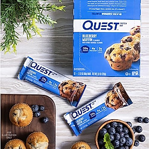 Quest Nutrition Blueberry Muffin Protein Bars, 20g Protein, 2g Sugar, 5g Net Carb, Gluten Free, Keto Friendly, 12 Count