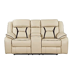 Lexicon Reclining Loveseat, Wall Hugger Recliners, Home Theater Seating, Power Double Recliner, Couches for Living Room, RV Furniture, Faux Leather with Contrast Piping, 66''W Love Seat, Beige