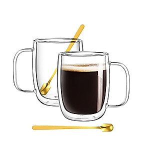 2-Pack 16 Oz Double Walled Glass Coffee Mugs with Handle Spoon,Insulated Layer Coffee Cups,Clear Borosilicate Glass Mugs,Perfect for Cappuccino,Tea,Latte,Espresso,Hot Beverage,Wine