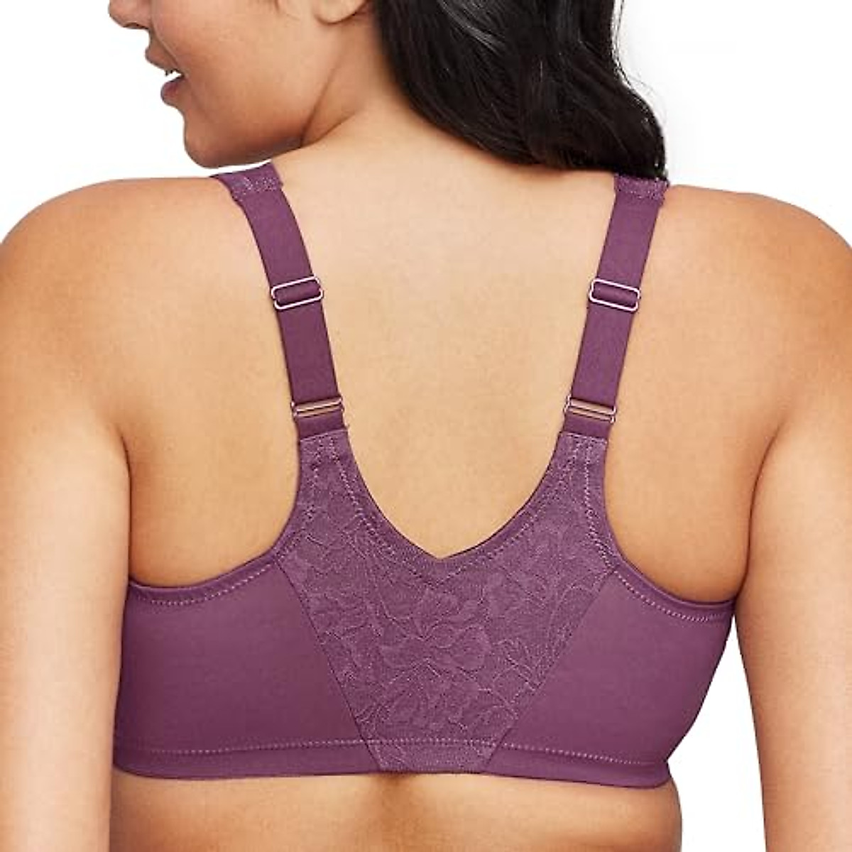 Glamorise Full Figure Plus Size Lacey T-Back Front-Closure Wonderwire Bra Underwire #9246 Black Plum