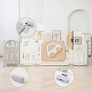 MERIT play Baby Playpen, Free-Installation Toddler Foldable Playpen with Basketball Hoop and Drawing Board for Kids, Adjustable Shape Safety Indoor Outdoor Portable Sturdy Play Yard(14 Panels)…