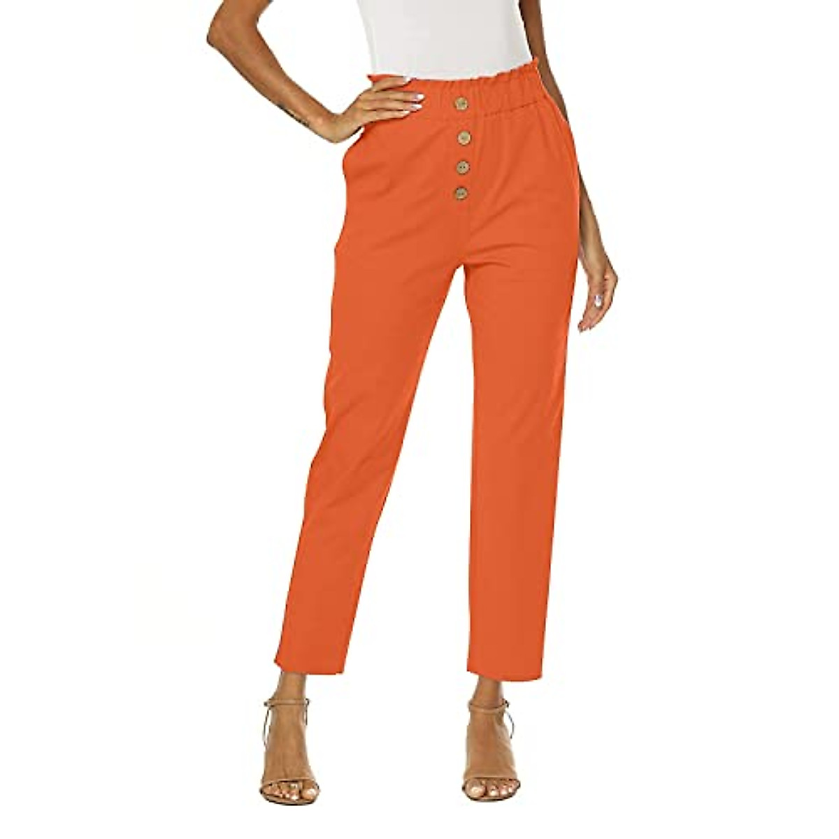 Crop Pants for Women Cotton Linen Pants Summer Casual High Waisted Button Capris Regular Fit Solid Lounge Cropped Pant