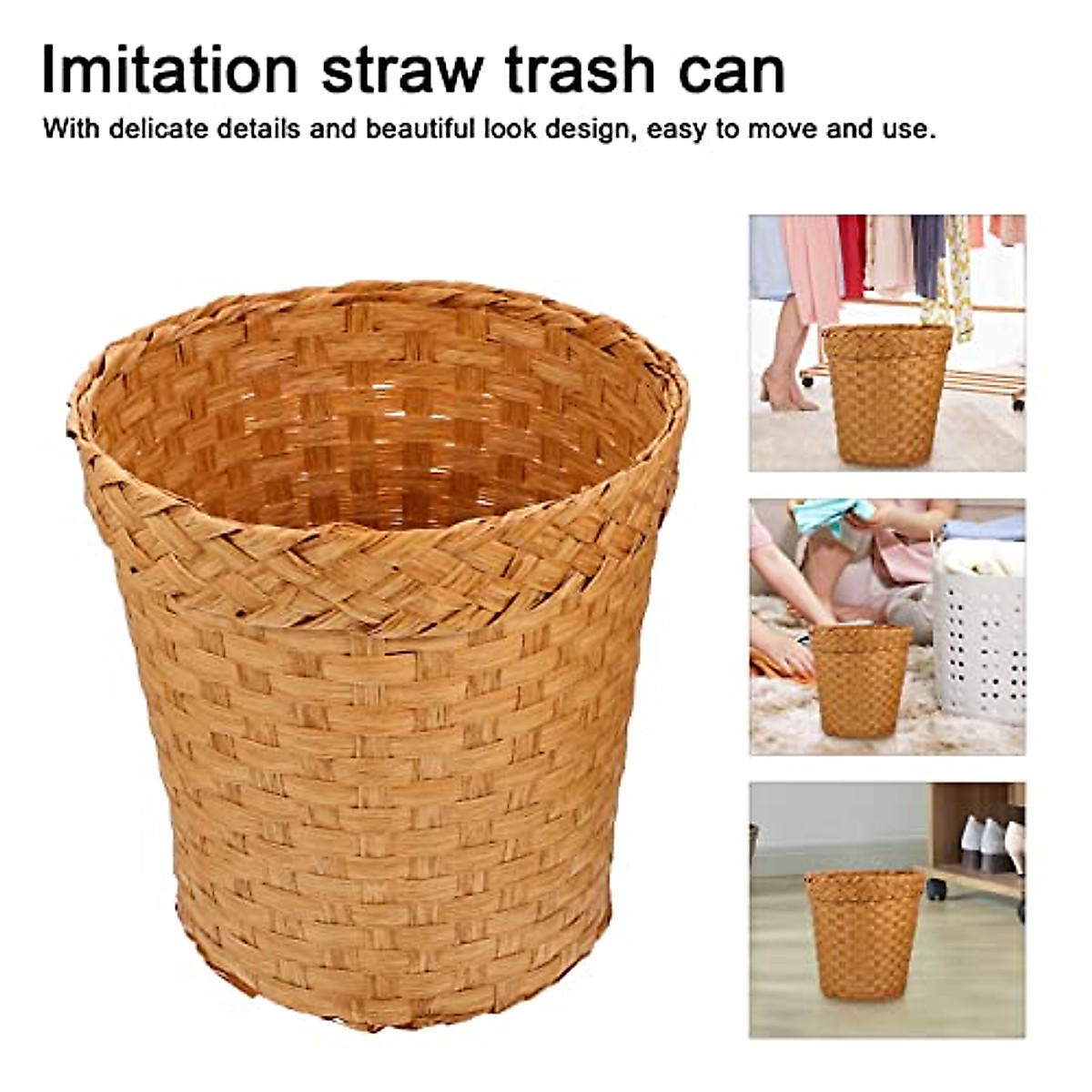 DOITOOL Woven Trash Can Paper Wicker Waste Basket Round Garbage Bin for Bathrooms, Bedrooms, or Offices, Khaki