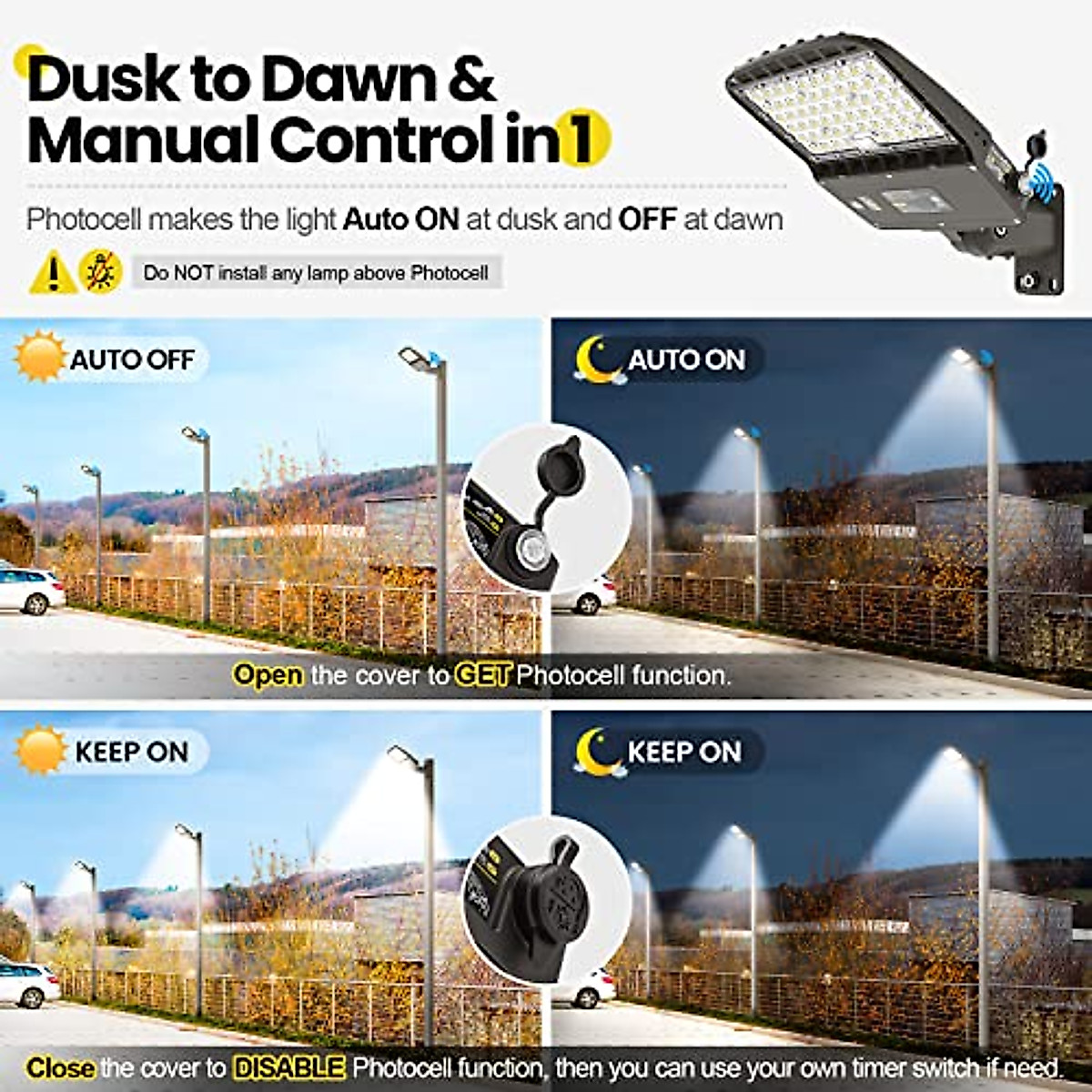 YARBO 200W LED Parking Lot Light 180W 150W Tunable, 32000LM (160LM/W) 5000K Parking Lot Light, Dimmable LED Shoebox Lights with Dusk to Dawn Photocell, Outdoor Pole Light, Arm & Slip Fitter in 1 Mount