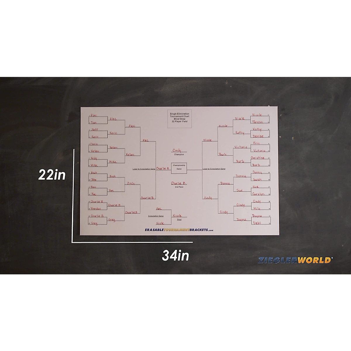 32 Team Erasable Blind Draw Single Elimination Tournament Bracket Chart + Erasable Pen