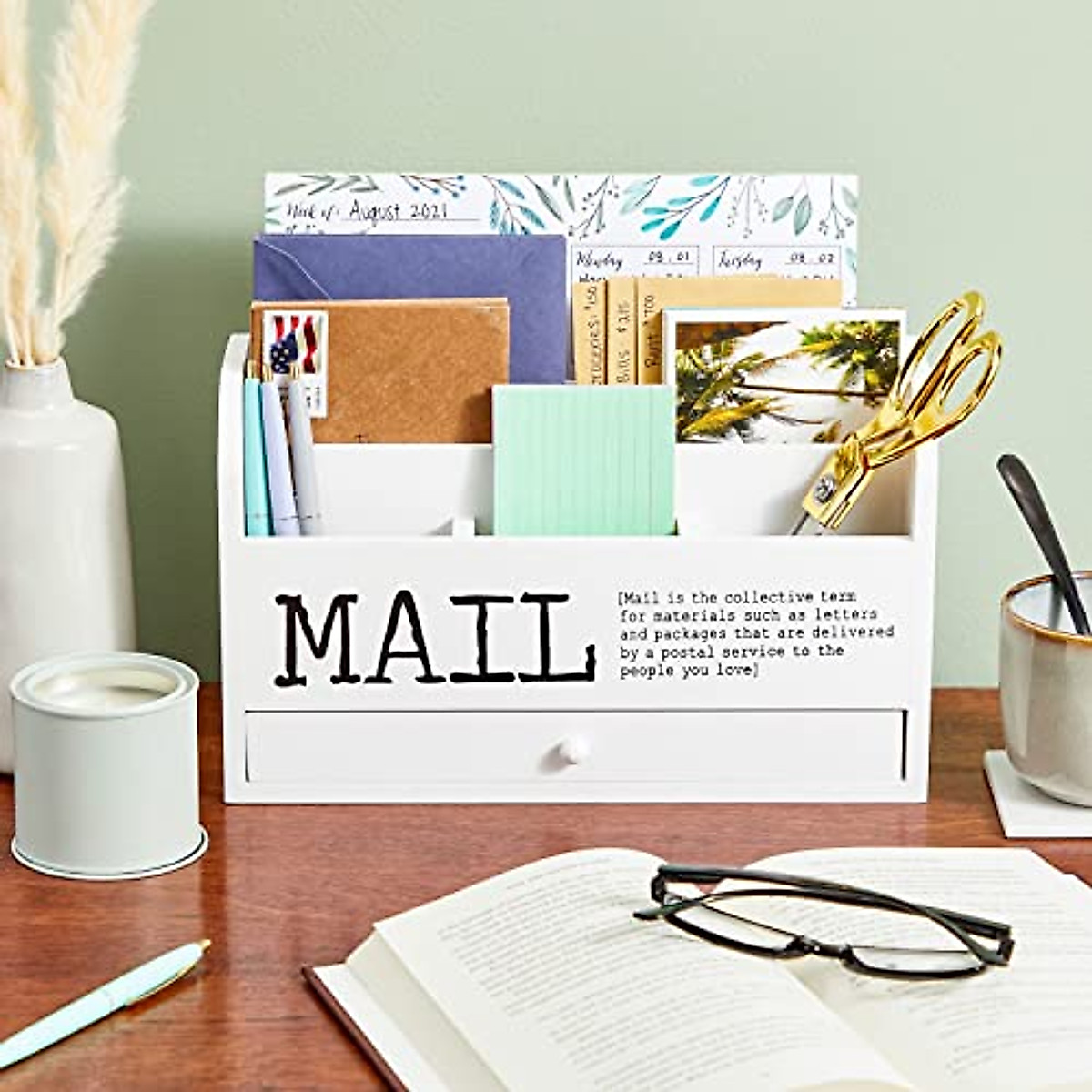 Juvale White Mail Organizer for Desktop, Wooden Mail Sorter Storage Box for Countertop, Home Office, Farmhouse-Style 3-Tier Holder with Drawer for Files, Bills and Letters (11 In)