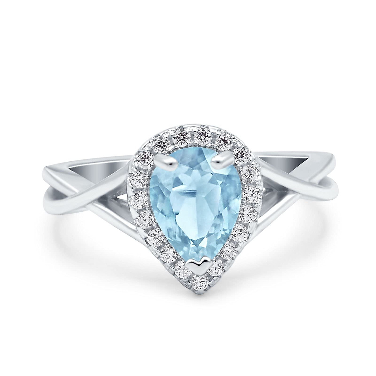 Blue Apple Co. Simulated Aquamarine Cubic Zirconia Size-8 Teardrop Pear Halo Twist Infinity Shank Art Deco Engagement Wedding Bridal Ring Round Simulated CZ 925 Sterling Silver