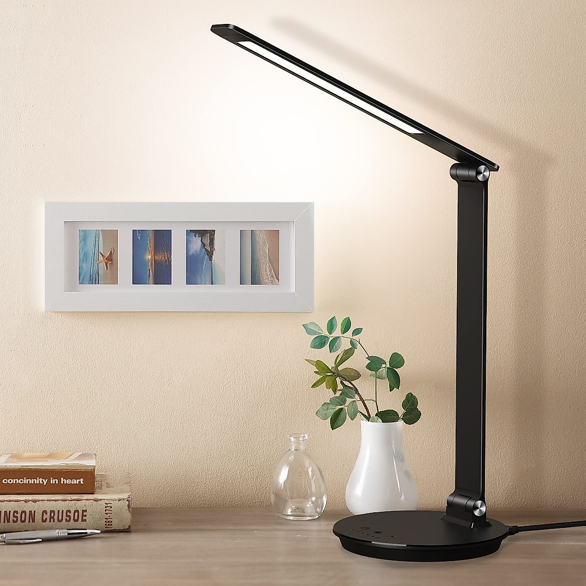Mongery LED Desk Lamp, Table Lamp with Touch Control USB Charging, Eye-Caring Desk Lamp Aluminum Multiple Angle Adjustments LED Light for Office, Home, Reading and More, Black