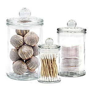 Easeen Mini Glass Apothecary Jars, Bathroom Storage Organizer Canisters for Cotton Swabs, Cotton Balls, Makeup Sponges, Bath Salts, Hair Ties, Makeup - Set of 3
