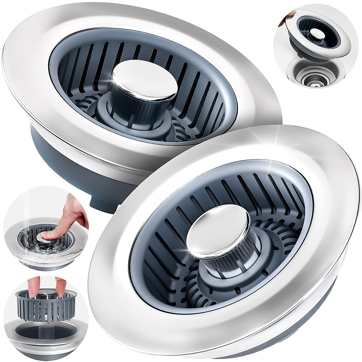 Upgraded 2Pack 3in1 Kitchen Sink Drain Strainer & Sink Stopper, Stainless Steel Kitchen Drain Plug & Cover with Anti-Clogging Basket Strainer, Fit US Standard 3-1/2'' Sink Drain Hole, Silver