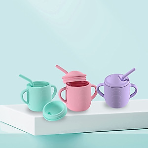 VOTSUPKITDINOK 100% Silicone Baby Training Cup,Infants Toddler Cup With Straw Spill Proof Soft Sippy Cup With Handles,5oz,6+ Months,BPA-Free(Pink)