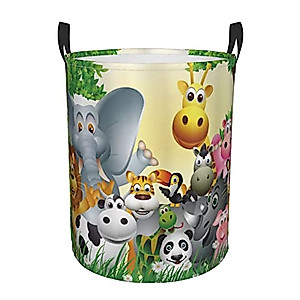 Laundry Basket,Animals In Jungle Elephant Giraffe Panda Bear Pig Lion Hippo Animation Cartoon Art,Large Canvas Fabric Lightweight Storage Basket/Toy Organizer/Dirty Clothes Collapsible Waterproof For College Dorms-Large